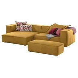 Ecksofa W.Schillig "around-the-block" Sofas Gr. B/H/T: 300cm x 66cm x 164cm, Longlife Xtra-Leder Z69, Longchair links, gelb (kurkuma z69) mit eleganter Biese, Federkern