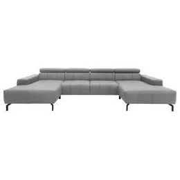 Wohnlandschaft DOMO collection "Cunelli U-Form" Sofas Gr. B/H/T: 376cm x 79cm x 175cm, Echtleder, gleichschenklig, Mit Kopfteilverstellung, grau (hellgrau) wahlweise inklusive Kopfteilverstellung und beidseitiger Recamiere