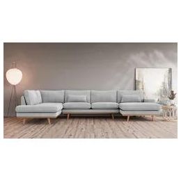 Wohnlandschaft Home Affaire "Torino mit 2 Zierkissen, auch in Bouclé" Sofas Gr. B/H/T: 351 cm x 81 cm x 219 cm, Bouclé, Recamiere rechts, grau (hellgrau) U-Form, BTH: 35121981 cm, incl. edler Holzleiste an Unterkante