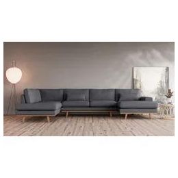 Wohnlandschaft Home Affaire "Torino mit 2 Zierkissen, auch in Bouclé" Sofas Gr. B/H/T: 351 cm x 81 cm x 219 cm, Chenille, Recamiere rechts, grau (anthrazit) U-Form, BTH: 35121981 cm, incl. edler Holzleiste an Unterkante