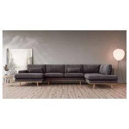 Wohnlandschaft Home Affaire "Torino mit 2 Zierkissen, auch in Bouclé" Sofas Gr. B/H/T: 351cm x 81cm x 219cm, Bouclé, Recamiere links, grau (anthrazit) U-Form, BTH: 35121981 cm, incl. edler Holzleiste an Unterkante