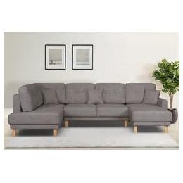 Wohnlandschaft Home Affaire "Triplo wahlweise mit Schlaffunktion, Steppung im Rückenkissen, U-Form" Sofas Gr. B/H/T: 310 cm x 90 cm x 192 cm, Samtoptik, Recamiere rechts, ohne Bettfunktion-ohne Bettkasten, grau (taupe) mit Steppung, auch Bettfunktion und Bettkasten, incl. 3 Zierkissen