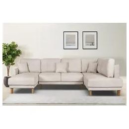 Wohnlandschaft Home Affaire "Triplo wahlweise mit Schlaffunktion, Steppung im Rückenkissen, U-Form" Sofas Gr. B/H/T: 310 cm x 90 cm x 192 cm, Struktur weich, Recamiere links, ohne Bettfunktion-ohne Bettkasten, beige mit Steppung, auch Bettfunktion und Bettkasten, incl. 3 Zierkissen