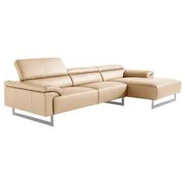 Ecksofa Egoitaliano "Malika, L-Form" Sofas Gr. B/H/T: 287cm x 94cm x 165cm, Leder BULL, Recamiere rechts, mit Kopfteilverstellung, beige (champagner) mit Recamiere, inkl. Kopfteilverstellung und chromfarbenen Metallfüßen