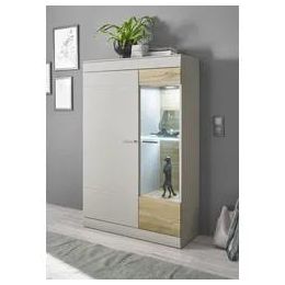 Vitrine Inosign "SCARA", grau (kieselgrau), B:90cm H:139cm T:35cm, Schränke, mit Applikation Zinneiche Dekor, Breite 90 cm, mit Softclose-Funktion