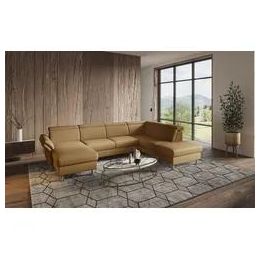 Wohnlandschaft Home Affaire "Calypso U-Form" Sofas Gr. B/H/T: 334 cm x 85 cm x 227 cm, Luxus-Microfaser, Ottomane rechts, mit Kopfteilverstellung-mit Armteilverstellung-mit Bett-ohne Bettkasten-mit Relax motorisch-mit Stauraum, gelb (dijon) wahlweise mit motorischer Relaxfunktion