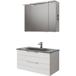 Badmöbel-Set SAPHIR "Serie 6025 2-teilig Mineralmarmor-Waschtisch mit LED-Spiegelschrank", weiß (weiß hochglanz select), B:97cm H:200cm T:48cm, Spanplatte, Kastenmöbel-Sets, Waschplatz 97 cm breit, 2 Schubladen, 3 Spiegel-Türen, inkl Türdämpfer