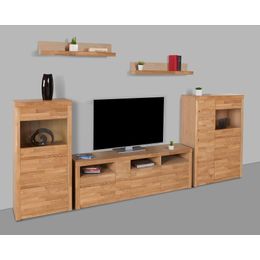 Wohnwand Home Affaire "Silkeborg", braun (eiche teilmassiv), Holzwerkstoff eichefarben (Korpus) / Massivholz Eiche (Front), Holz teilmassiv, Kastenmöbel-Sets, teilmassiv mit schöner griffloser Optik