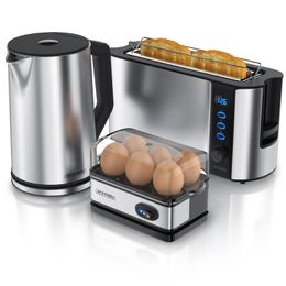 arendo Fr&uuml;hst&uuml;cksset 3-teilig, 2-Scheiben Toaster, 6er Eierkocher, Wasserkocher 1,5L, Silber
