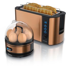 arendo - SET Toaster FRUKOST mit Eierkocher SEVENCOOK Edelstahl Kupfer, Toaster 4 Scheiben, LED-Display, 6 Br&auml;unungsgrade, Br&ouml;tchenhalter - Eierkocher