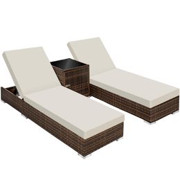 TecTake&reg; 2er Set Aluminium Rattan Sonnenliegen, wetterfest und UV-best&auml;ndig, Tisch mit Staufach, inklusive 2 Bezugssets und Schutzh&uuml;lle