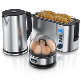 arendo Fr&uuml;hst&uuml;cksset, Wasserkocher 1,5l, 4-Scheiben Langschlitztoaster, 7er Eierkocher SEVENCOOK, Silber