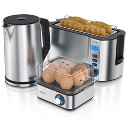 arendo Fr&uuml;hst&uuml;cks-Set, 8er Eierkocher EIGHTCOOK, Wasserkocher 1,5l, 4-Scheiben Toaster Langschlitz, Silber