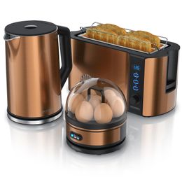 arendo - Wasserkocher mit Toaster und Eierkocher SET Edelstahl Kupfer Wasserkocher 1,5L 40° - 100°C, Toaster 4 Scheiben LED-Display 6 Bräunungsgrade