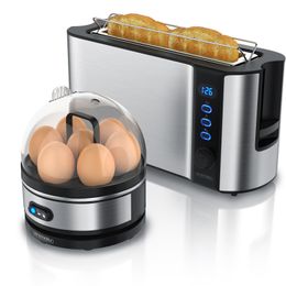 arendo 2-teiliges Fr&uuml;hst&uuml;cksset, 1000W Langschlitz Toaster f&uuml;r 2 Scheiben, Eierkocher SEVENCOOK, Silber
