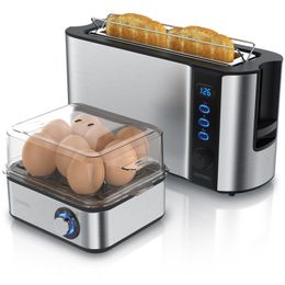arendo 2-teiliges Fr&uuml;hst&uuml;cksset, 2-Scheiben Langschlitztoaster FRUKOST, 8er Eierkocher, Silber
