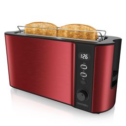 arendo Toaster Langschlitz f&uuml;r 2 Scheiben, 1000 W, Br&ouml;tchenaufsatz, W&auml;rmeisoliert, Display, rot