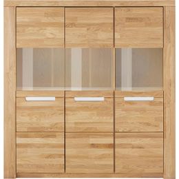 Highboard Home Affaire "Kolding" Sideboards Gr. B/H/T: 140 cm x 145 cm x 40 cm, Holzwerkstoff eichefarben (Korpus) / Massivholz Eiche (Front), braun (eiche teilmassiv) Breite 140 cm mit 3 Glastüren