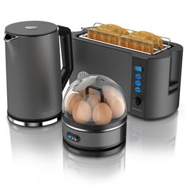 arendo - Wasserkocher mit Toaster und Eierkocher SET Edelstahl Grau Wasserkocher 1,5L 40° - 100°C, Toaster 4 Scheiben LED-Display 6 Bräunungsgrade