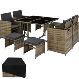 TecTake&reg; Rattan Sitzgruppe, f&uuml;r 4 bis 8 Personen, UV-best&auml;ndig, zusammenschiebbar, inklusive Schutzh&uuml;lle