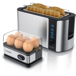 arendo Fr&uuml;hst&uuml;cksset, Langschlitz Toaster 4 Scheiben, Eierkocher f&uuml;r 6 Eier, Silber