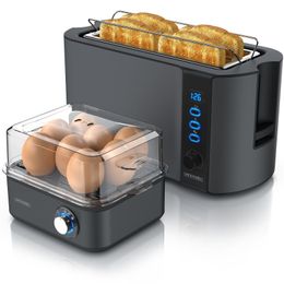 arendo 2-teiliges Fr&uuml;hst&uuml;cksset - 4-Scheiben Langschlitz Toaster, 8er Eierkocher, Grau