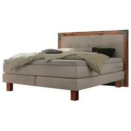 Boxspringbett Hasena "Memphis" Komplettbetten Gr. Flachgewebe Massivholz Matratze H3, mit Topper Base, Liegekomfort fest, Liegefläche B/L: 140 cm x 200 cm, H3, Tonnentaschen-Federkernmatratze, beige (beige, akazie grau) Boxspringbett im Vintagelook, Massivholz-Umrandung, Tonnentaschen-Federkernmatratze