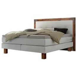 Boxspringbett Hasena "Memphis" Komplettbetten Gr. Kunstleder Massivholz Matratze H3, mit Topper Base, Liegekomfort fest, Liegefläche B/L: 140cm x 200cm, H3, Tonnentaschen-Federkernmatratze, weiß (weiss/akazie braun) Boxspringbett im Vintagelook, Massivholz-Umrandung, Tonnentaschen-Federkernmatratze