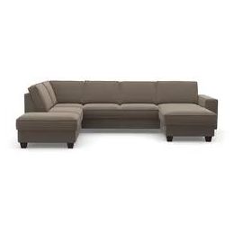 Wohnlandschaft Home Affaire "County U-Form" Sofas Gr. B/H/T: 309cm x 81cm x 213cm, Struktur fein, Ottomane links, ohne Bettfunktion-ohne Bettkasten, beige (dunkelbeige) wahlweise Ottomane links oder rechts, mit Federkern-Polsterung