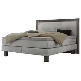 Boxspringbett Hasena "Memphis" Komplettbetten Gr. Flachgewebe Massivholz Matratze H3, mit Topper Base, Liegekomfort fest, Liegefläche B/L: 140cm x 200cm, H3, Tonnentaschen-Federkernmatratze, grau (grau/akazie grau) Boxspringbett im Vintagelook, Massivholz-Umrandung, Tonnentaschen-Federkernmatratze