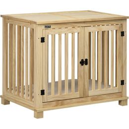 PawHut - Hundekäfig, Tierkäfig aus Holz, Haustierkäfig für mittelgroße Hunde, Hundehütte mit Kissen, Hundebox, Indoor, Naturholz+Cremeweiß, 82,5 x 57