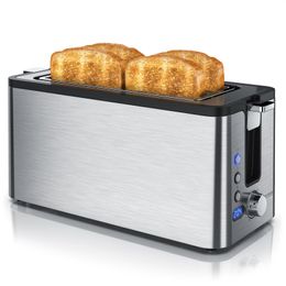 arendo Edelstahl Toaster Langschlitz 4 Scheiben - Defrost Funktion - wärmeisolierendes Gehäuse - mit integrierten Brötchenaufsatz - Krümelschublade