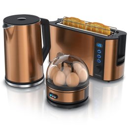 arendo - Wasserkocher mit Toaster und Eierkocher SET Edelstahl Kupfer Wasserkocher 1,5L 40° - 100°C, Toaster 2 Scheiben LED-Display 6 Bräunungsgrade