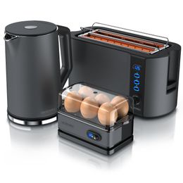 arendo 3-teiliges Frühstücksset - Wasserkocher 1,5l, 4-Scheiben Toaster, 6er Eierkocher, Grau