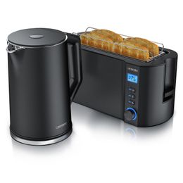 arendo Frühstücksset, Wasserkocher ELEGANT 1,5 Liter, 4-Scheiben Langschlitz Toaster, Schwarz