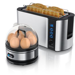 arendo 2-teiliges Frühstücksset, 7er Eierkocher & Langschlitz Toaster für 4 Scheiben, Silber