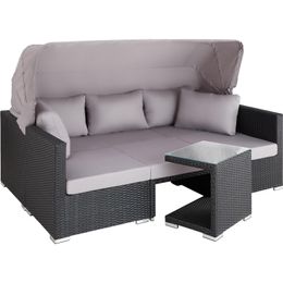 TecTake® Rattan Lounge, mit Aluminiumgestell, wetterfest und UV-beständig, mit klapparem Sonnenschutz, mit Sicherheitsglasplatte, variabel aufstellbar