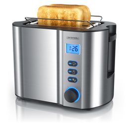 arendo Toaster für 2 Scheiben mit Restzeitanzeige, 800W, wärmeisolierendes Doppelwandgehäuse, Brötchenaufsatz, Auftaufunktion, Silber