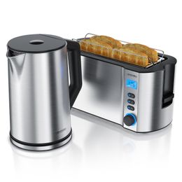 arendo Frühstücksset 2-teilig, 4-Scheiben Langschlitztoaster MANHA + Edelstahl Wasserkocher 1,5l, Silber