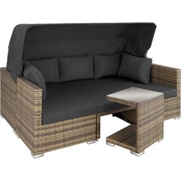 TecTake® Rattan Lounge, mit Aluminiumgestell, wetterfest und UV-beständig, mit klapparem Sonnenschutz, mit Sicherheitsglasplatte, variabel aufstellbar