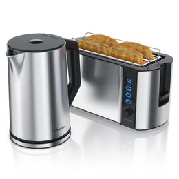 arendo 2-teiliges Frühstücksset, Edelstahl Wasserkocher 2200W, 4-Scheiben Langschlitz Toaster, Silber