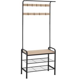 TecTake® Garderobenständer, Industrial Style, mit Sitzfläche, 2 Gitterablagen und 9 abnehmbaren Haken, inklusive Kippschutz, 73,5 x 36 x 184 cm