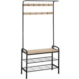 TecTake® Garderobenständer, Industrial Style, mit Sitzfläche, 2 Gitterablagen und 9 abnehmbaren Haken, inklusive Kippschutz, 85,5 x 36 x 184 cm