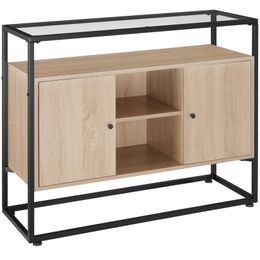 TecTake® Sideboard, Industrial Style, Glasplatte, offenes Fach, 2 Staufächer mit Magnettüren und 3 Einlegeböden, 100 x 38 x 80,5 cm