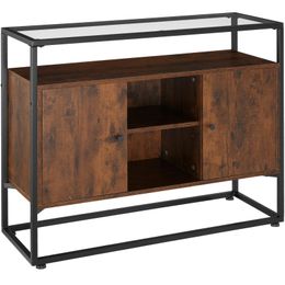 TecTake® Sideboard, Industrial Style, Glasplatte, offenes Fach, 2 Staufächer mit Magnettüren und 3 Einlegeböden, 100 x 38 x 80,5 cm