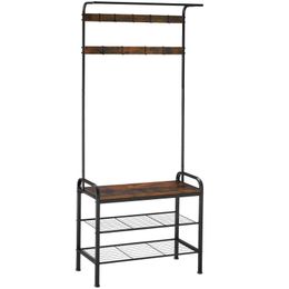 TecTake® Garderobenständer, Industrial Style, mit Sitzfläche, 2 Gitterablagen und 9 abnehmbaren Haken, inklusive Kippschutz, 73,5 x 36 x 184 cm