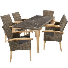 TecTake® Rattan Tisch Foggia mit 6 Stühlen Rosarno, mit Holzgestell, wetterfest und UV-beständig, Armlehnen und Beine aus Holz