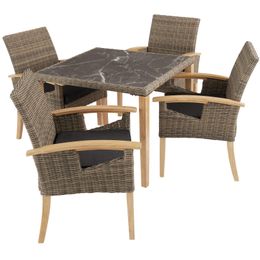 TecTake® Rattan Tisch Tarent mit 4 Stühlen Rosarno, mit Holzgestellen, wetterfest und UV-beständig, Armlehnen und Füße aus Holz