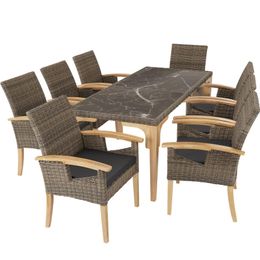 TecTake® Rattan Tisch Foggia mit 8 Stühlen Rosarno, mit stabilen Holzgestellen, wetterfest und UV-beständig, Armlehnen und Beine aus Holz