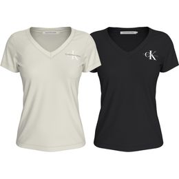 T-Shirt Calvin Klein Jeans "2-PACK MONOLOGO V-NECK TEE" Gr. L (40), ivory, ck black Damen Shirts V-Shirts mit Logomarkenlabel